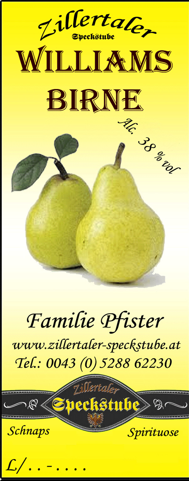 Williams Birne mit Glasflasche | Schnaps | Zillertaler Speckstube